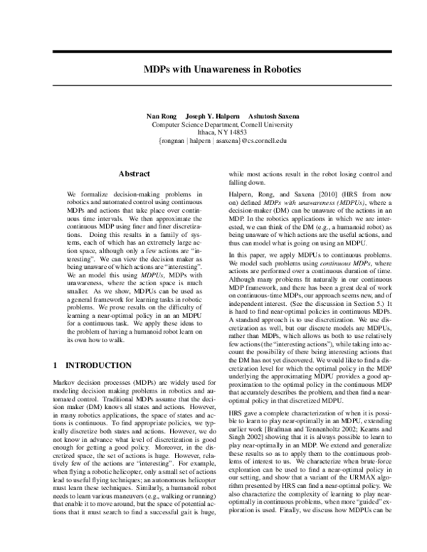 (PDF) MDPs with Unawareness in Robotics