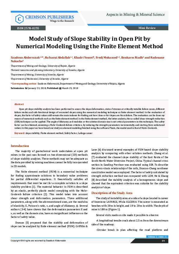 (PDF) Model Study of Slope Stability in Open Pit by Numerical Modeling Using the Finite Element ...
