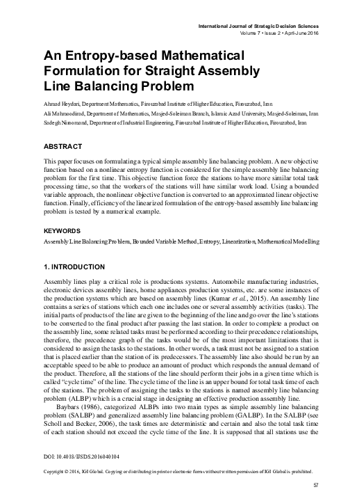 (PDF) An Entropy-based Mathematical Formulation for Straight Assembly Line Balancing Problem