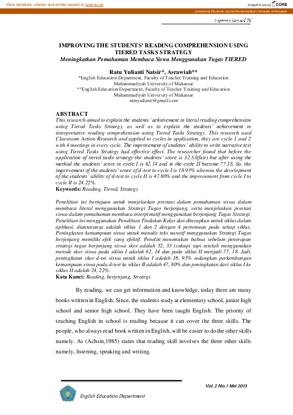 (PDF) Improving the Students’ Reading Comprehension Using Tiered Tasks ...