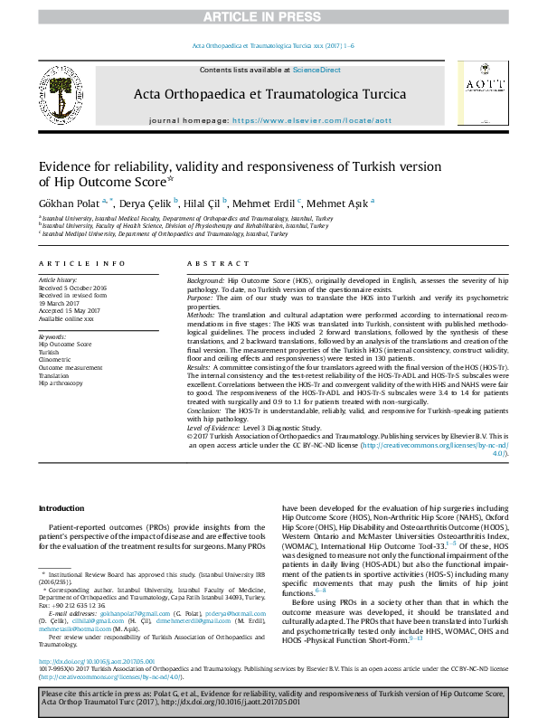 (PDF) Evidence for reliability, validity and responsiveness of Turkish Foot and Ankle Ability ...