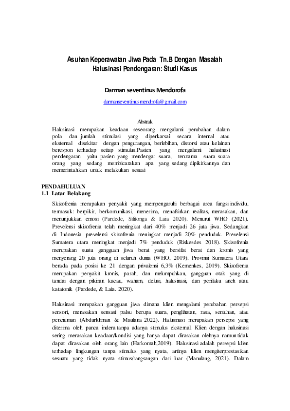 (PDF) Asuhan Keperawatan Jiwa Pada Tn.B Dengan Masalah Halusinasi Pendengaran: Studi Kasus