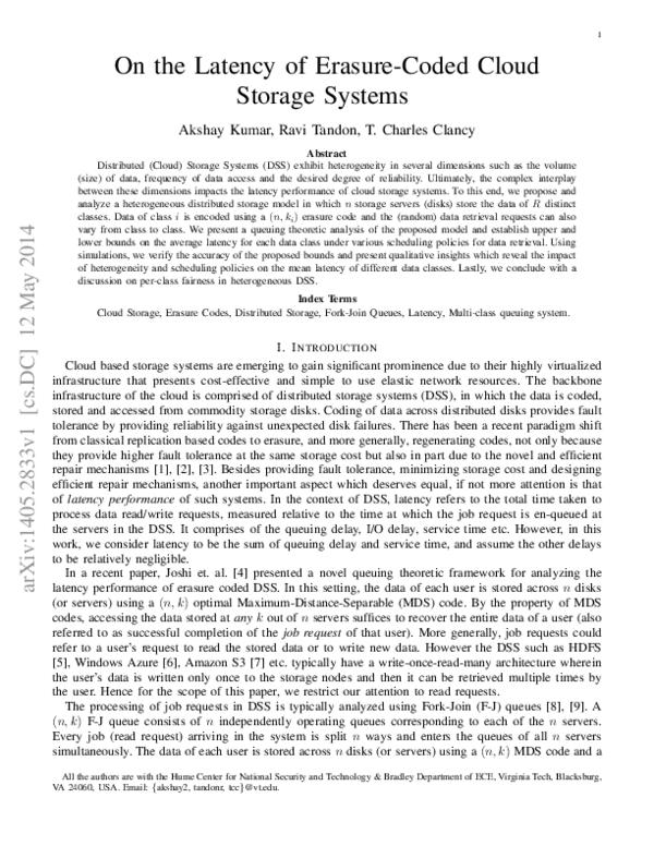 (PDF) On the latency of erasure-coded cloud storage systems