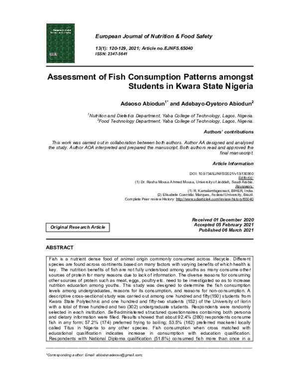 (PDF) Assessment of Fish Consumption Patterns amongst Students in Kwara ...
