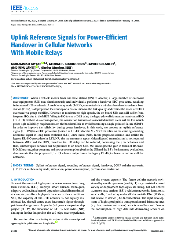 Pdf Uplink Reference Signals For Power Efficient Handover In Cellular Networks With Mobile