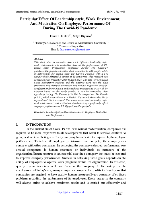 (PDF) Particular Effect Of Leadership Style, Work Environment, And Motivation On Employee ...