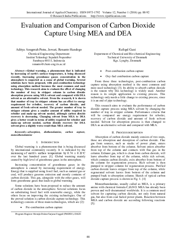 (PDF) Evaluation and Comparison of Carbon Dioxide Capture Using MEA and DEA