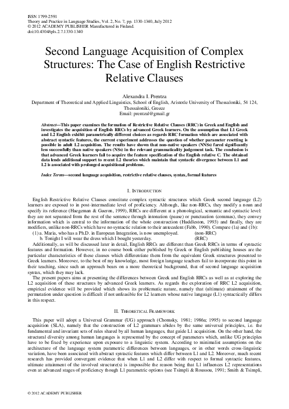 (PDF) Second Language Acquisition of Complex Structures: The Case of ...