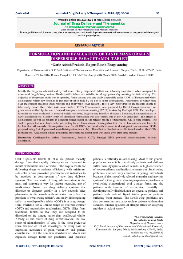 Pdf Formulation And Evaluation Of Taste Mask Orally Dispersible Paracetamol Tablet