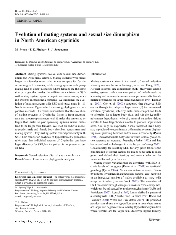 (PDF) Evolution of mating systems and sexual size dimorphism in North ...