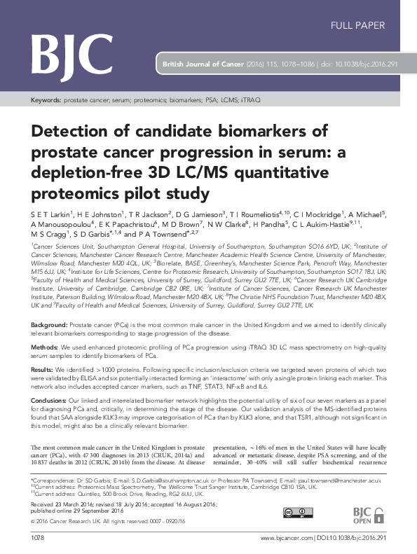 (PDF) Detection of candidate biomarkers of prostate cancer progression in serum: a depletion ...