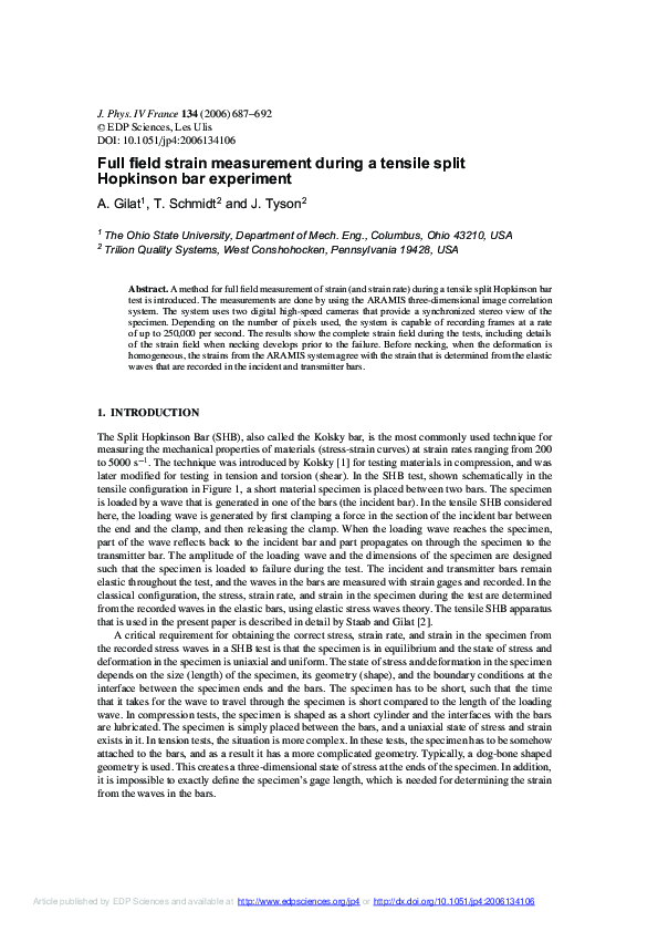 (PDF) Full field strain measurement during a tensile split Hopkinson ...