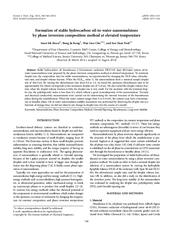 (PDF) Formation of stable hydrocarbon oil-in-water nanoemulsions by phase inversion composition ...