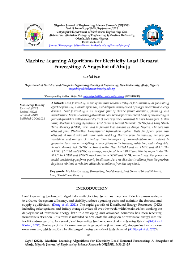 (PDF) Machine Learning Algorithms for Electricity Load Demand ...