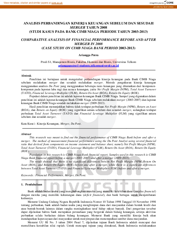 (PDF) Analisis Perbandingan Kinerja Keuangan Sebelum Dan Sesudah Merger Tahun 2008 (Studi Kasus ...