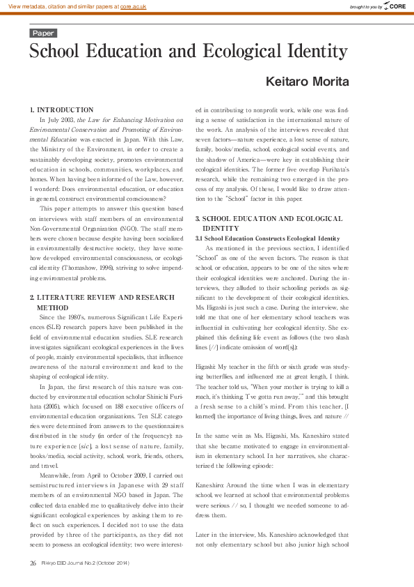 (PDF) School Education and Ecological Identity
