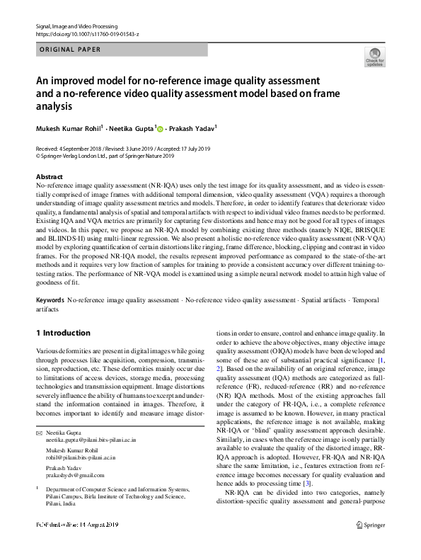 Pdf An Improved Model For No Reference Image Quality Assessment And A