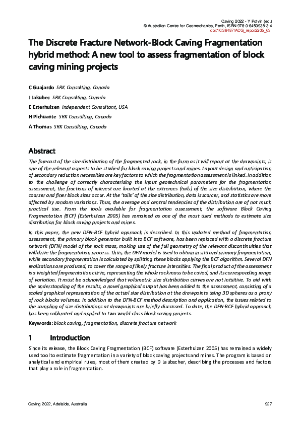 Pdf The Discrete Fracture Networkblock Caving Fragmentation Hybrid Method A New Tool To 