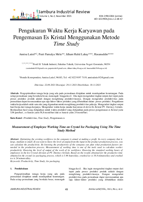 (PDF) Pengukuran Waktu Kerja Karyawan pada Pengemasan Es Kristal ...