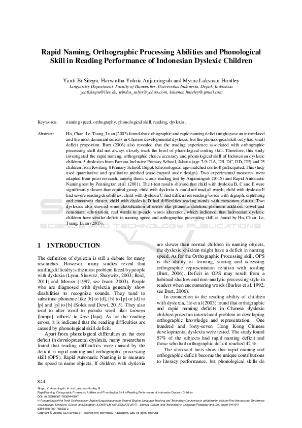 (PDF) Rapid Naming, Orthographic Processing Abilities and Phonological Skill in Reading ...