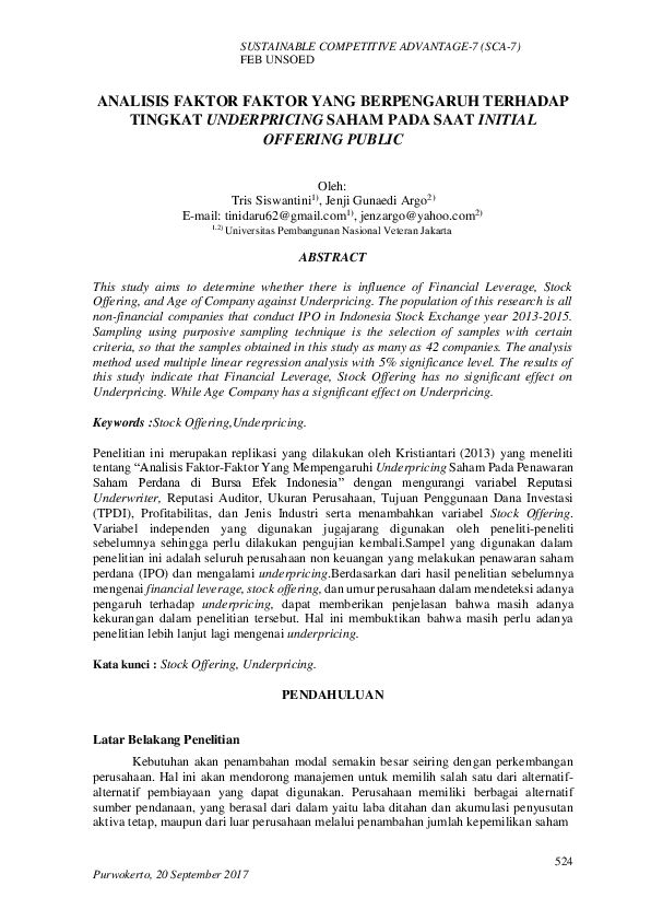 (PDF) Analisis Faktor Faktor Yang Berpengaruh Terhadap Tingkat Underpricing Saham Pada Saat ...