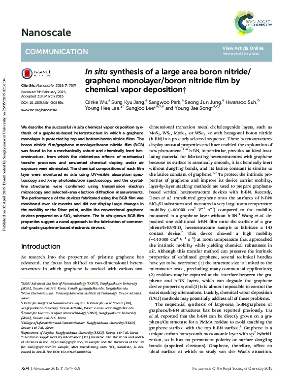 (PDF) In situ synthesis of a large area boron nitride/graphene monolayer/boron nitride film by ...