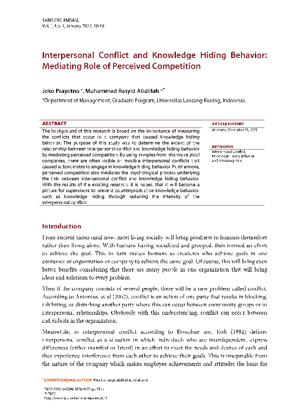 (PDF) Interpersonal Conflict and Knowledge-Hiding Behavior: Mediating ...