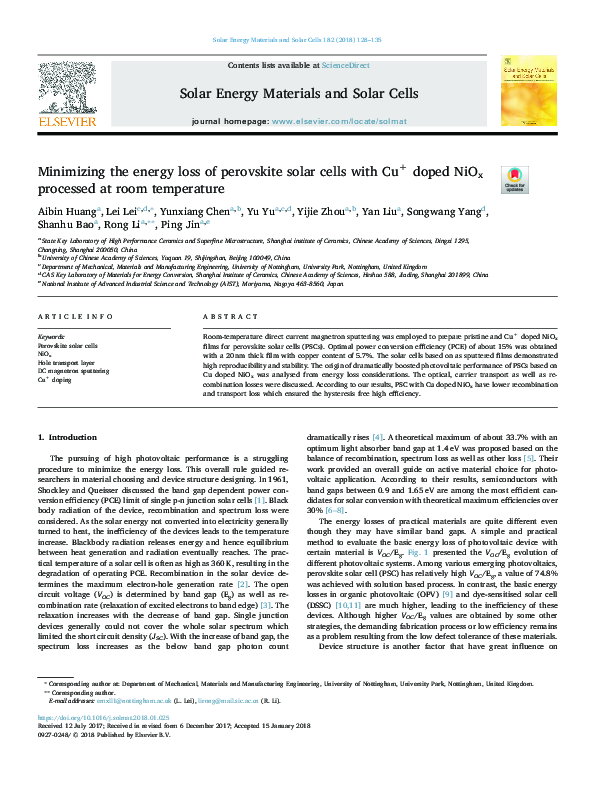 (PDF) Minimizing the energy loss of perovskite solar cells with Cu+ ...