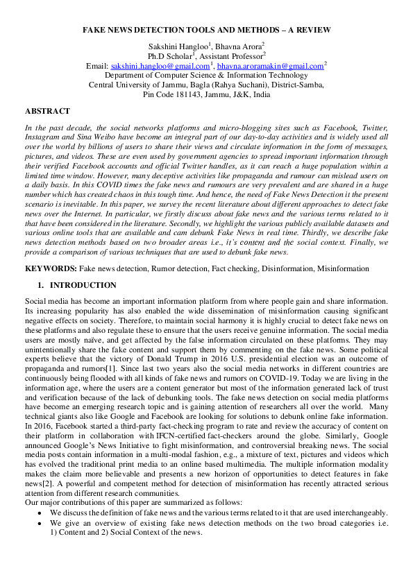 (PDF) Fake News Detection Tools and Methods -- A Review