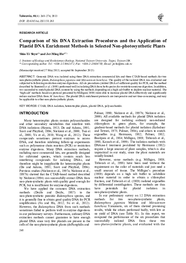 (PDF) Comparison of Six DNA Extraction Procedures and the Application ...