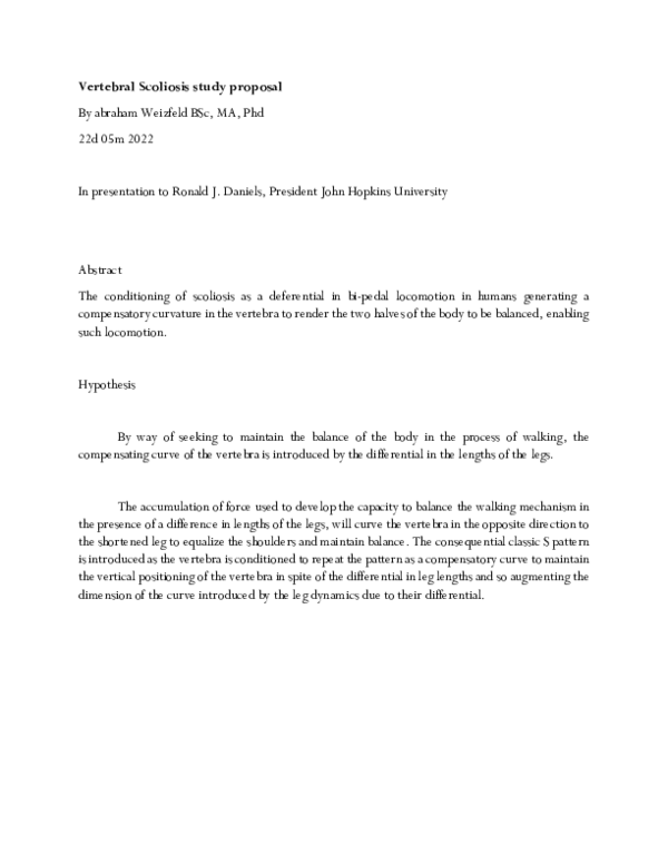 (PDF) Vertebral Scoliosis study proposal By abraham Weizfeld BSc, MA, Phd