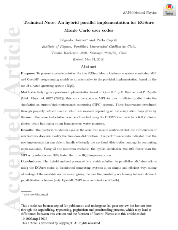 Pdf Technical Note An Hybrid Parallel Implementation For Egsnrc Monte Carlo User Codes