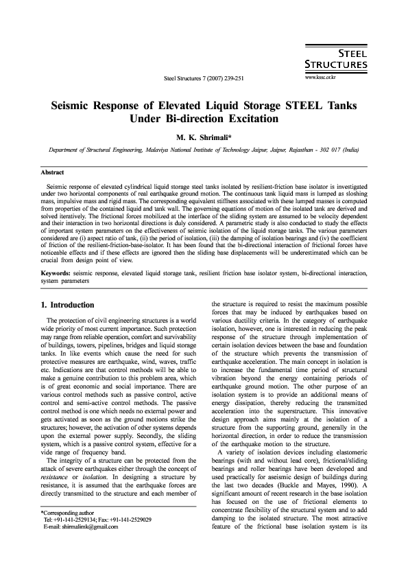 (PDF) Seismic Response of Elevated Liquid Storage STEEL Tanks Under Bi ...