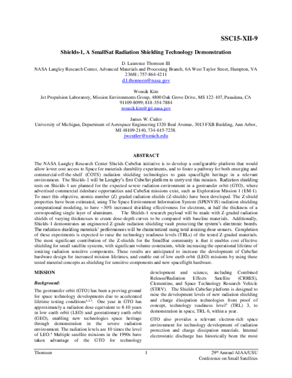 (PDF) Shields-1, A SmallSat Radiation Shielding Technology Demonstration
