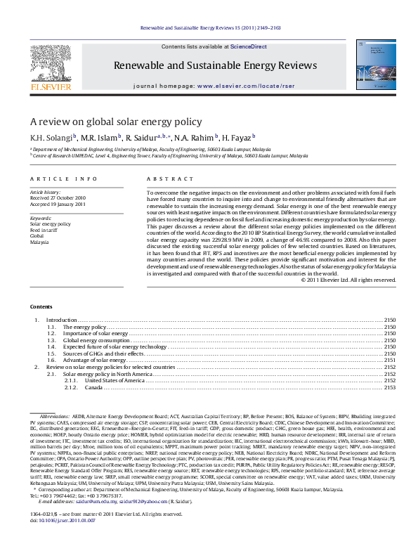 (PDF) A review on global solar energy policy