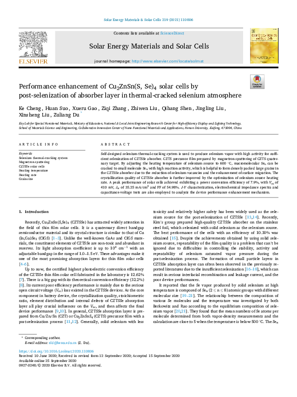 (PDF) Performance enhancement of Cu2ZnSn(S,Se)4 solar cell by inserting Sb and Sb2Se3 doping ...