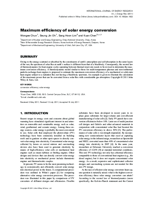 (PDF) Maximum efficiency of solar energy conversion