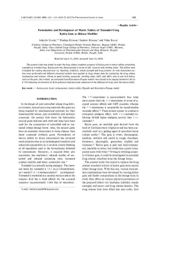 Pdf Formulation And Development Of Matrix Tablets Of Tramadol Using Katira Gum As Release Modifier