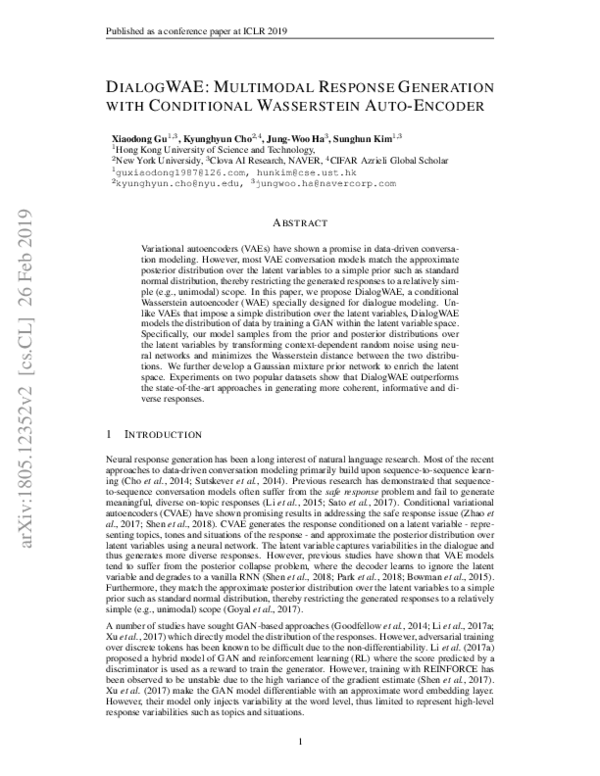 (PDF) DialogWAE: Multimodal Response Generation with Conditional Wasserstein Auto-Encoder