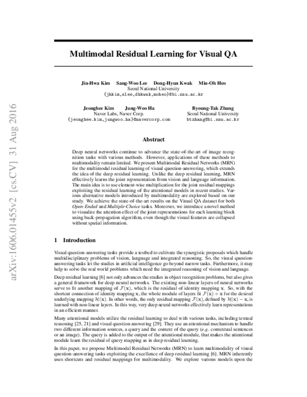 (PDF) Multimodal Residual Learning for Visual QA