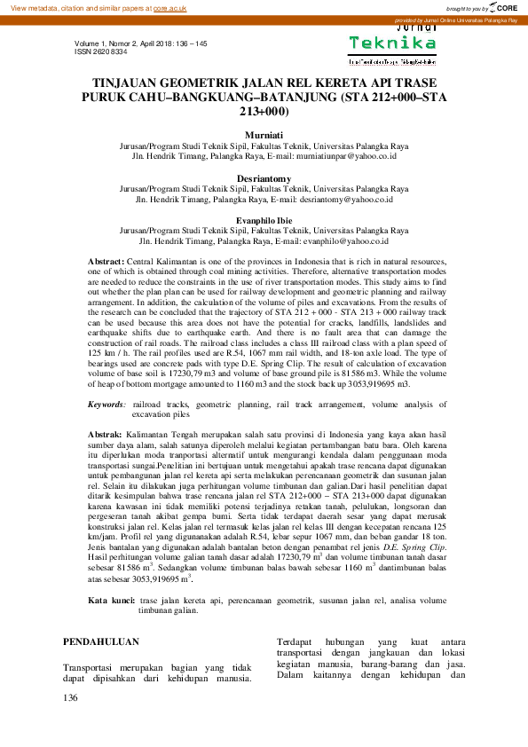 (PDF) Tinjauan Geometrik Jalan Rel Kereta Api Trase Puruk Cahu ...