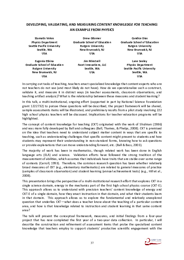 Pdf Developing Validating And Measuring Content Knowledge For Teaching An Example From Physics