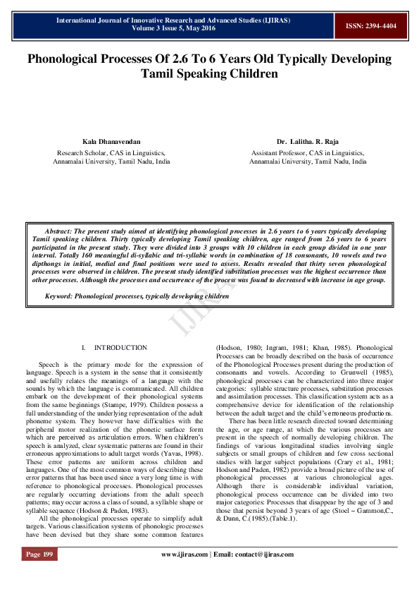 (PDF) Phonological Processes Of 2.6 To 6 Years Old Typically Developing Tamil Speaking Children