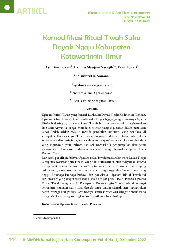 (PDF) Komodifikasi Ritual Tiwah Suku Dayak Ngaju Kabupaten Kotawaringin ...
