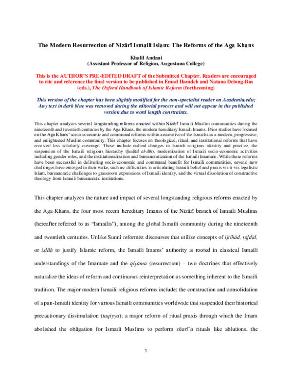 (PDF) The Modern Resurrection of Nizari Ismaili Islam: The Reforms of ...