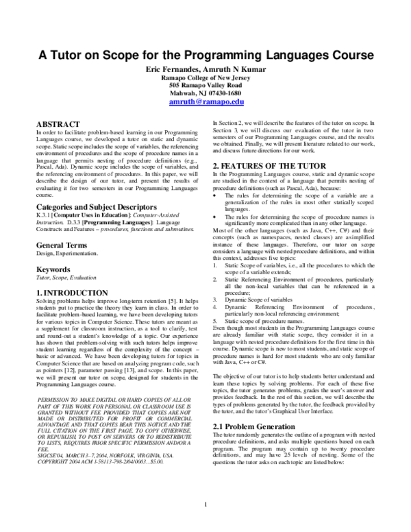 (PDF) A tutor on scope for the programming languages course