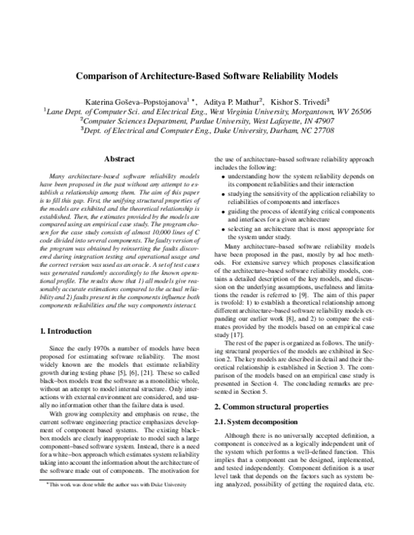 (PDF) Comparison of architecture-based software reliability models