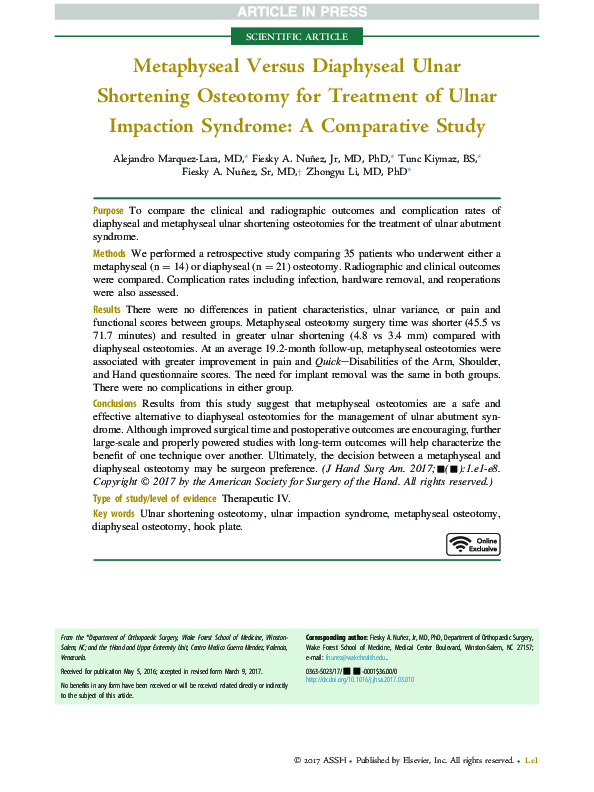(PDF) Metaphyseal Versus Diaphyseal Ulnar Shortening Osteotomy for ...