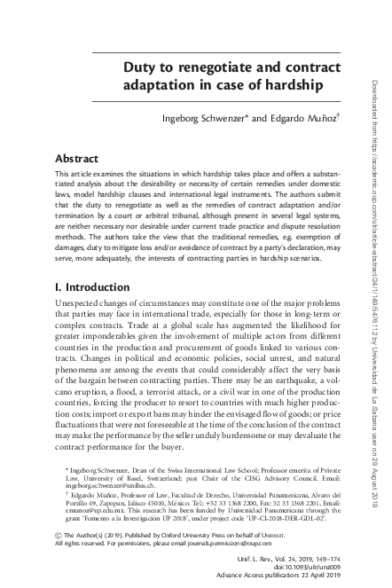 (PDF) Duty to renegotiate and contract adaptation in case of hardship