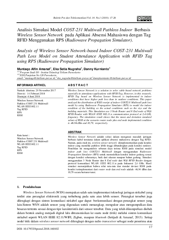 Pdf Analisis Simulasi Model Cost 231 Multiwall Pathloss Indoor Berbasis Wireless Sensor